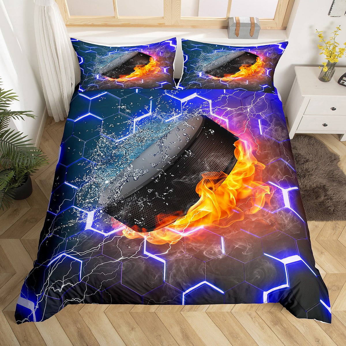 Ice Hockey King Bedding Set, Geometric Hexagon Comforter Cover Sports ...