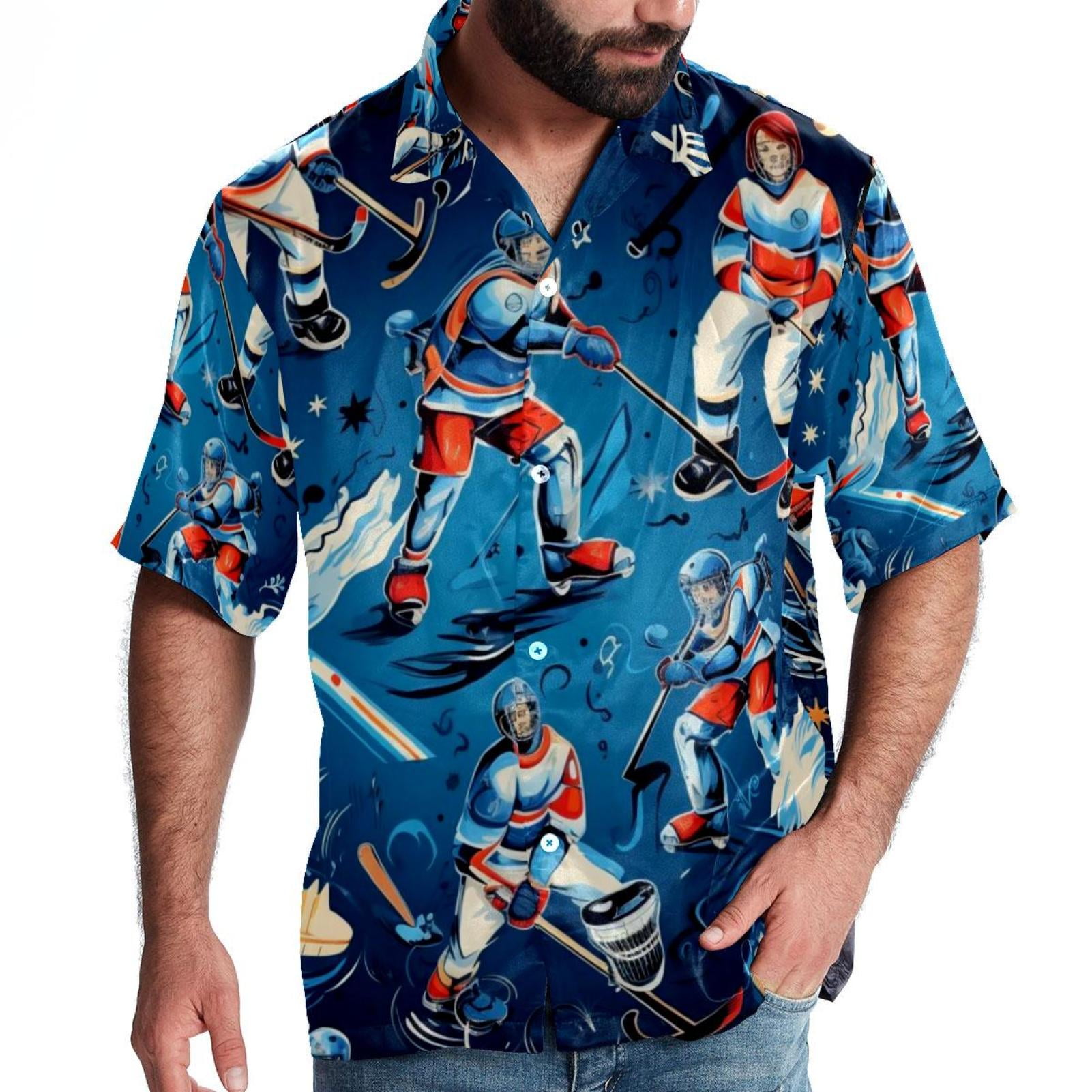 Ice Hockey Men's Short Sleeve Button Down Beach Shirts, Casual Printed ...