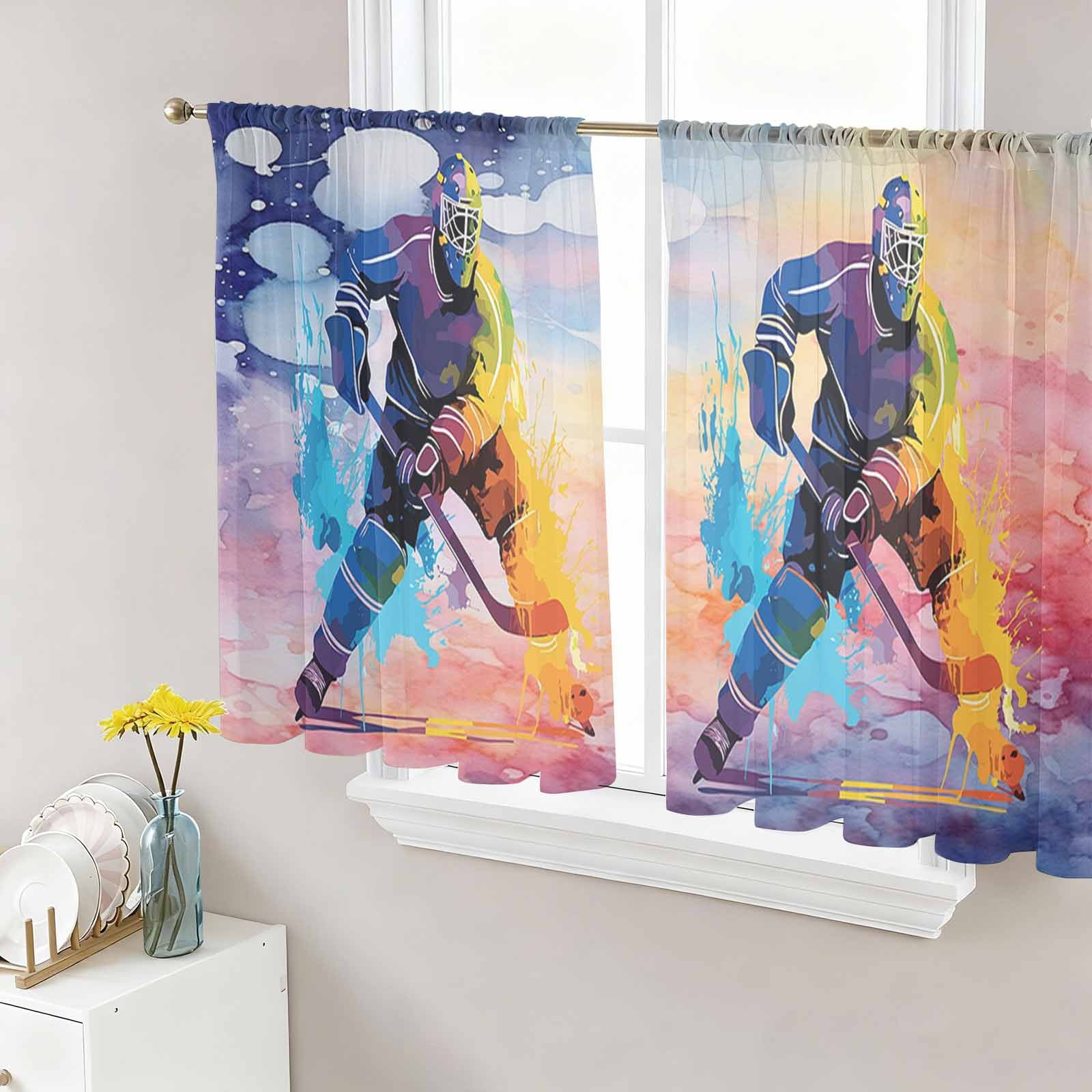 Ice Hockey Players Semi Sheer Curtains 54 Inch Length 2 Panels Set ...