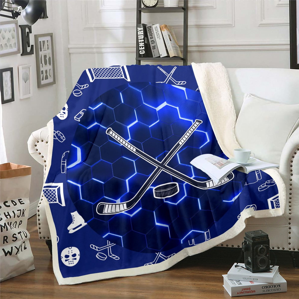 Ice Hockey Throw Blanket For Couc 40"X50" Blue Neon Honeycomb Hockey ...