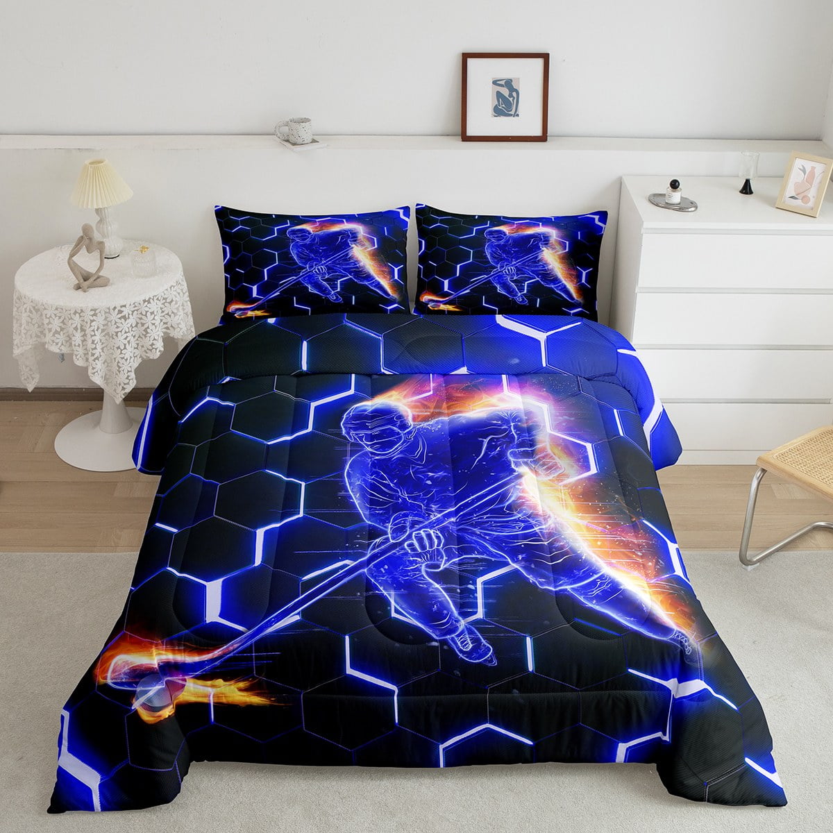 Ice Hockey Twin Bedding Set Neon Blue 3D Honeycomb Comforter Set,Pucks ...