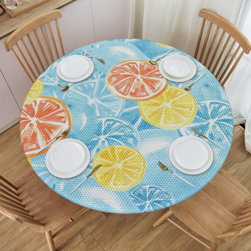 Ice Lemon Round Fitted Tablecloth with Elastic Fitted Table Covers for ...