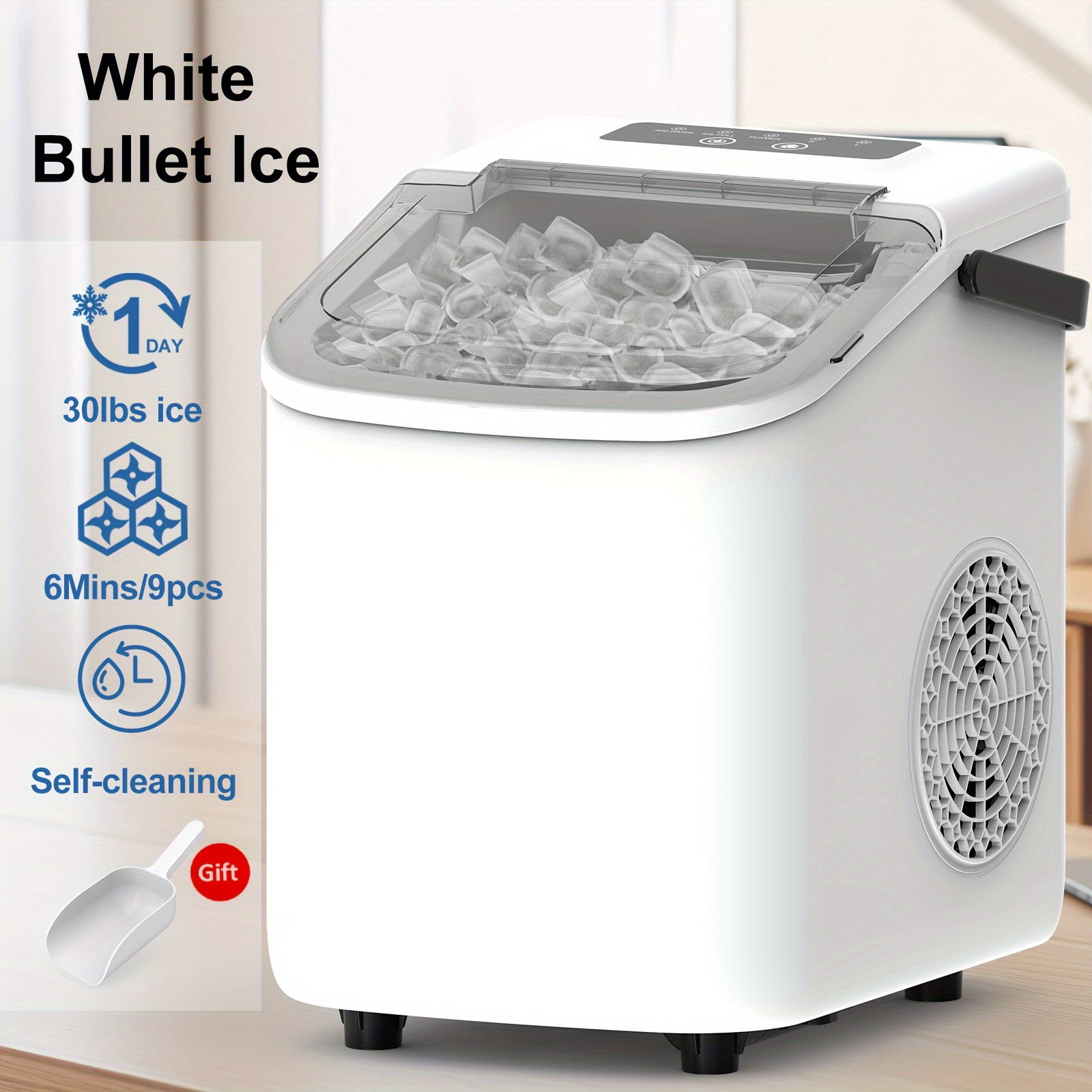Ice Maker With A Handle On The Countertop. It Can Make 9 Bullet-shaped ...