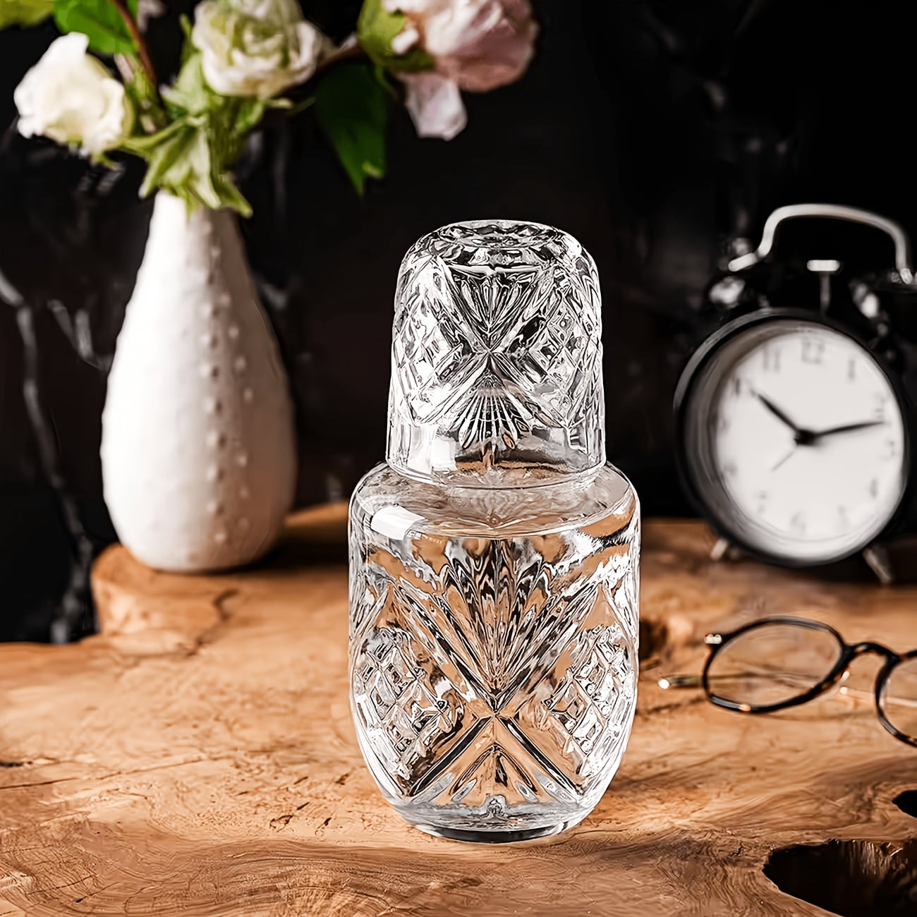 Ice Pattern Glass Bottle Set, 1 Set Bedside Water Carafe with Cup ...
