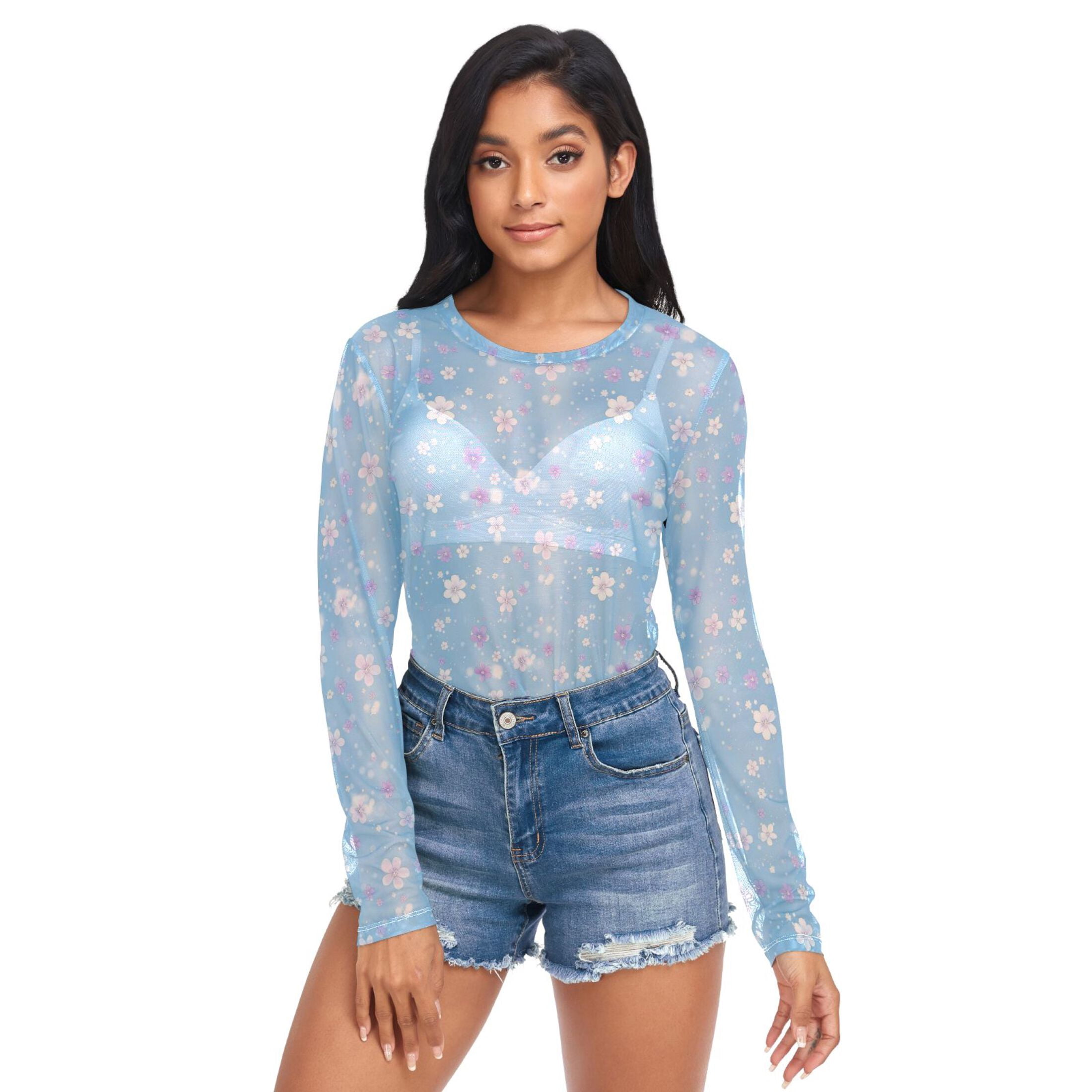 Ice Silk Mesh Long Sleeve Top Cooling Comfort Women's Crewneck Mesh ...