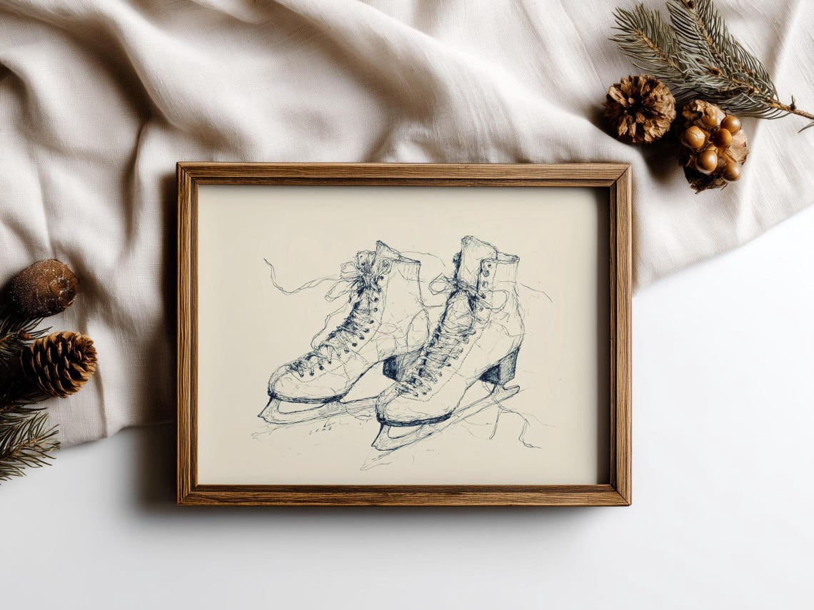 Ice Skates Line Drawing Winter Wall Art, Unframed Canvas Size 24x36 ...