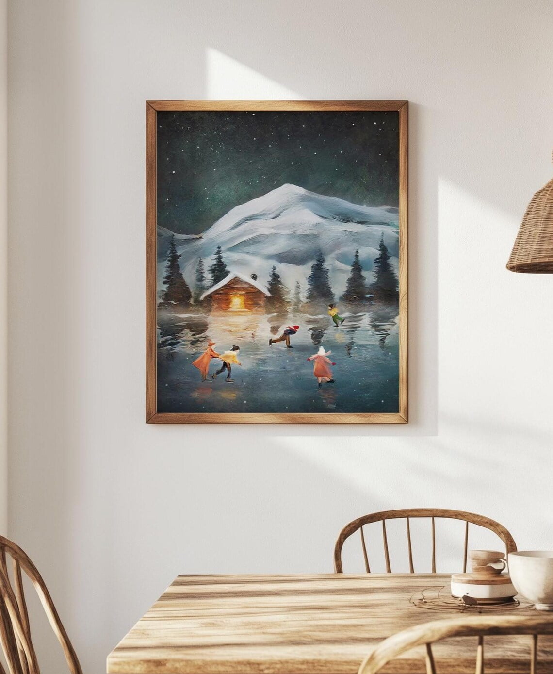 Ice Skating Print, Winter Wall Art, Snowy Mountains Original, Cozy ...