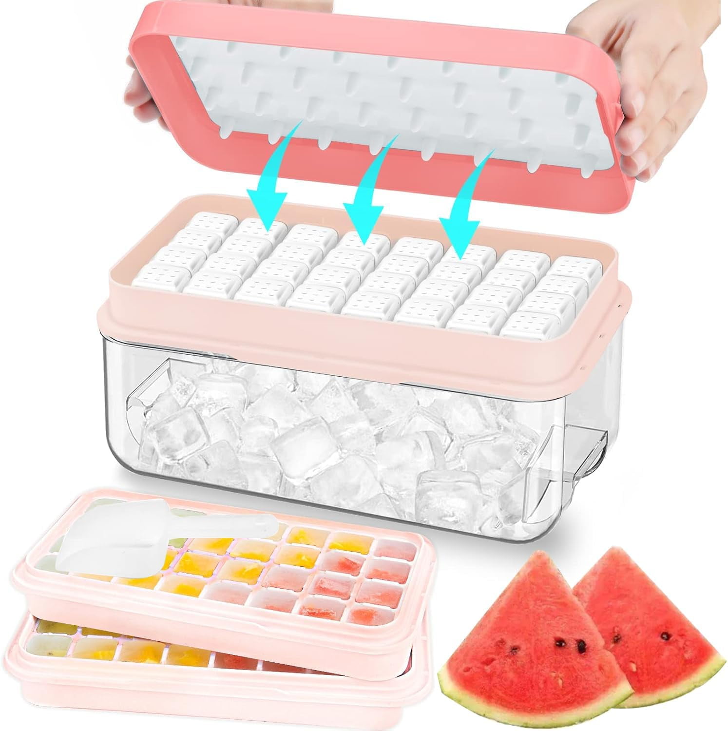Ice Trays with Lid and Bin, 64 Piece Ice Trays with 2 Trays for ...