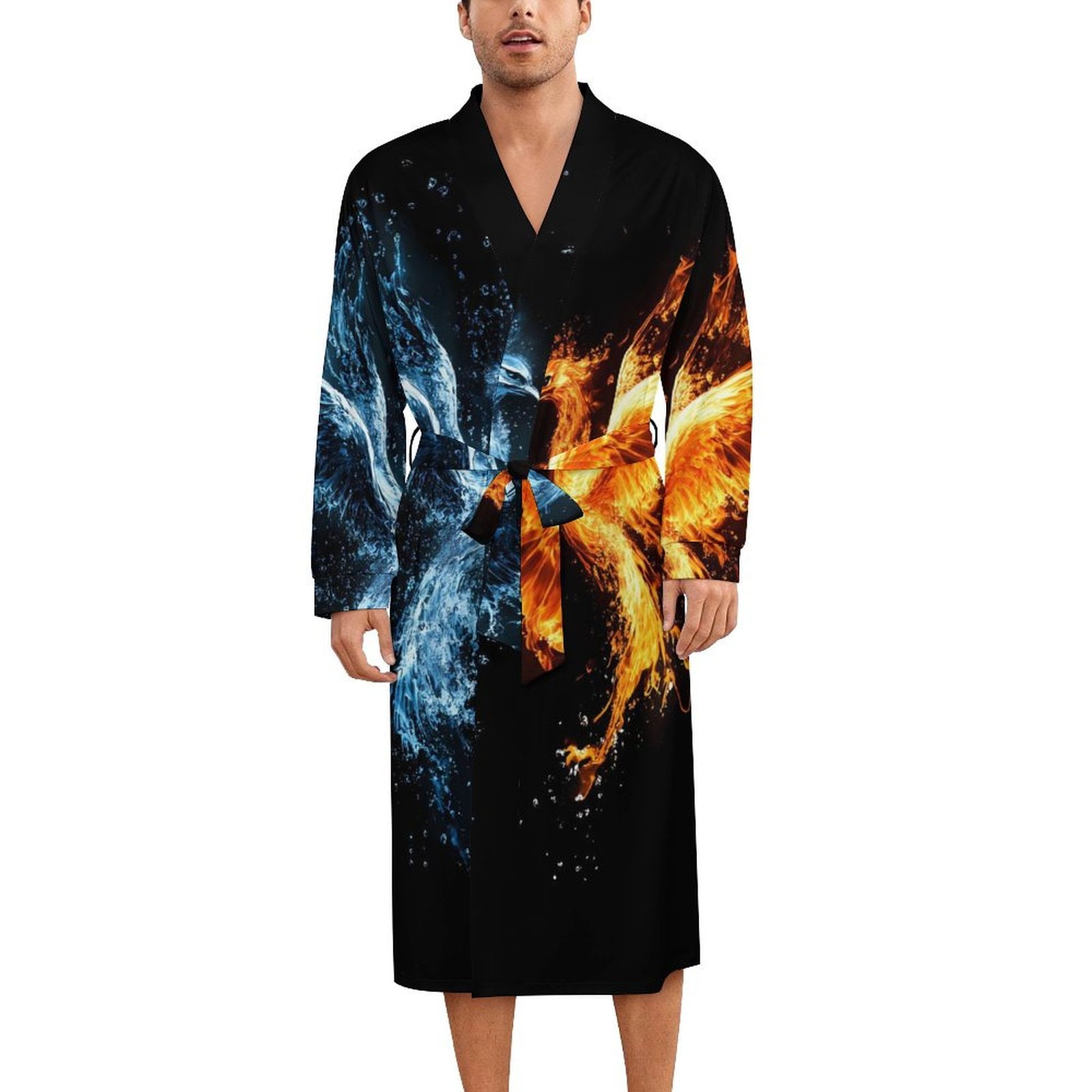 Ice Water Fire Phoenix Bird Men's Kimono Robe Milk Silk Classic Long ...