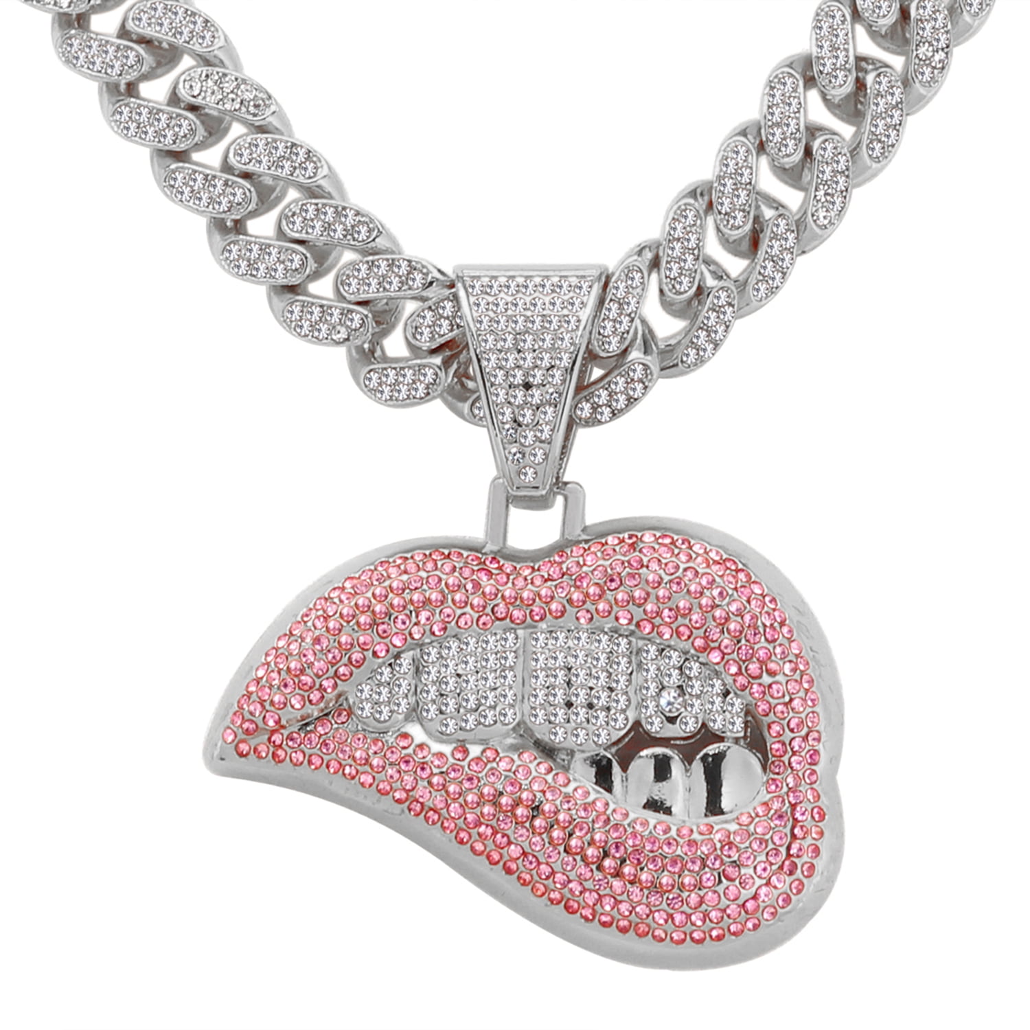 Ice crystal chain, unisex, Cuban chain, hip hop pink bitten lip pendant ...