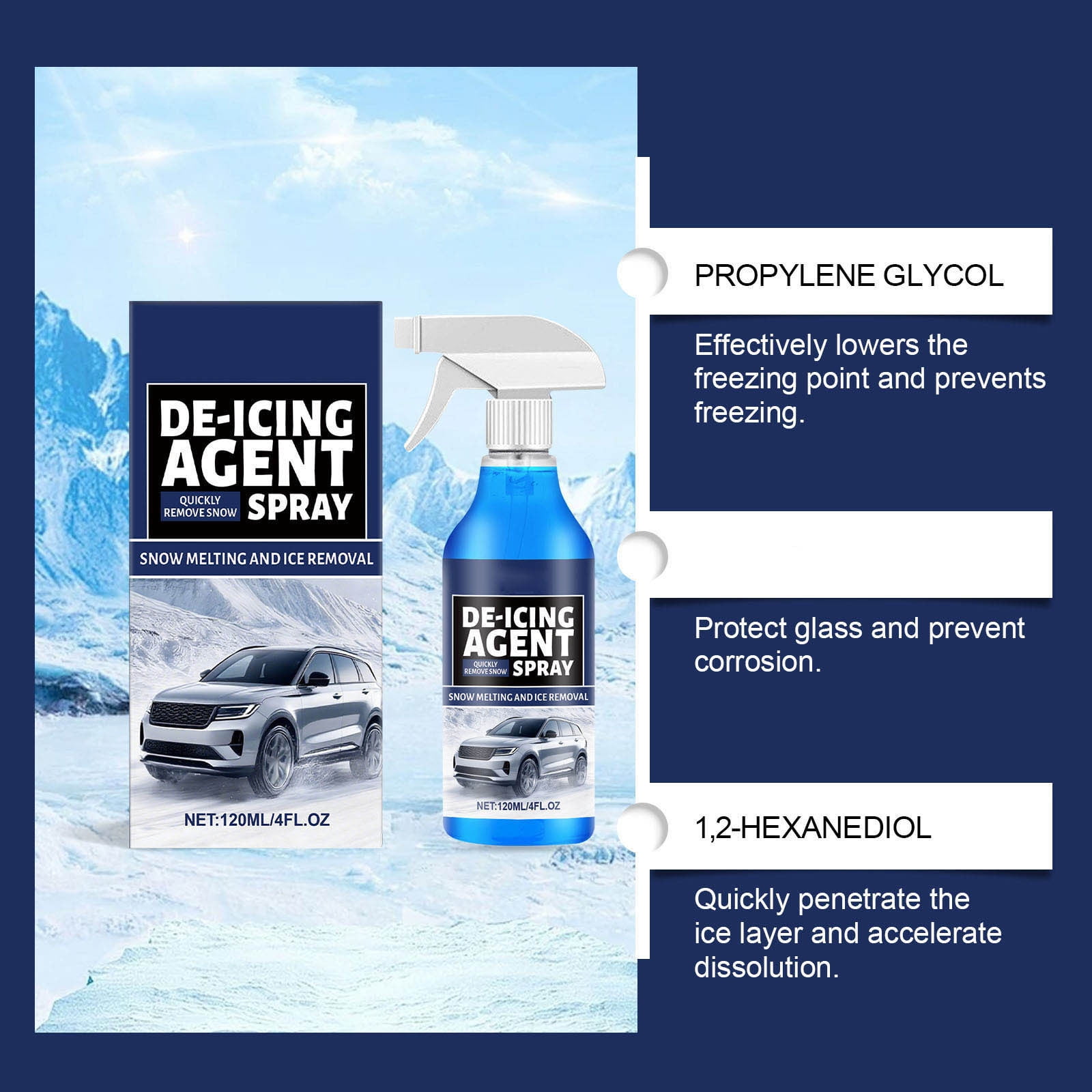 Ice-off Windshield De-Icer Spray - 150ml Fast-Acting Snow Melter ...