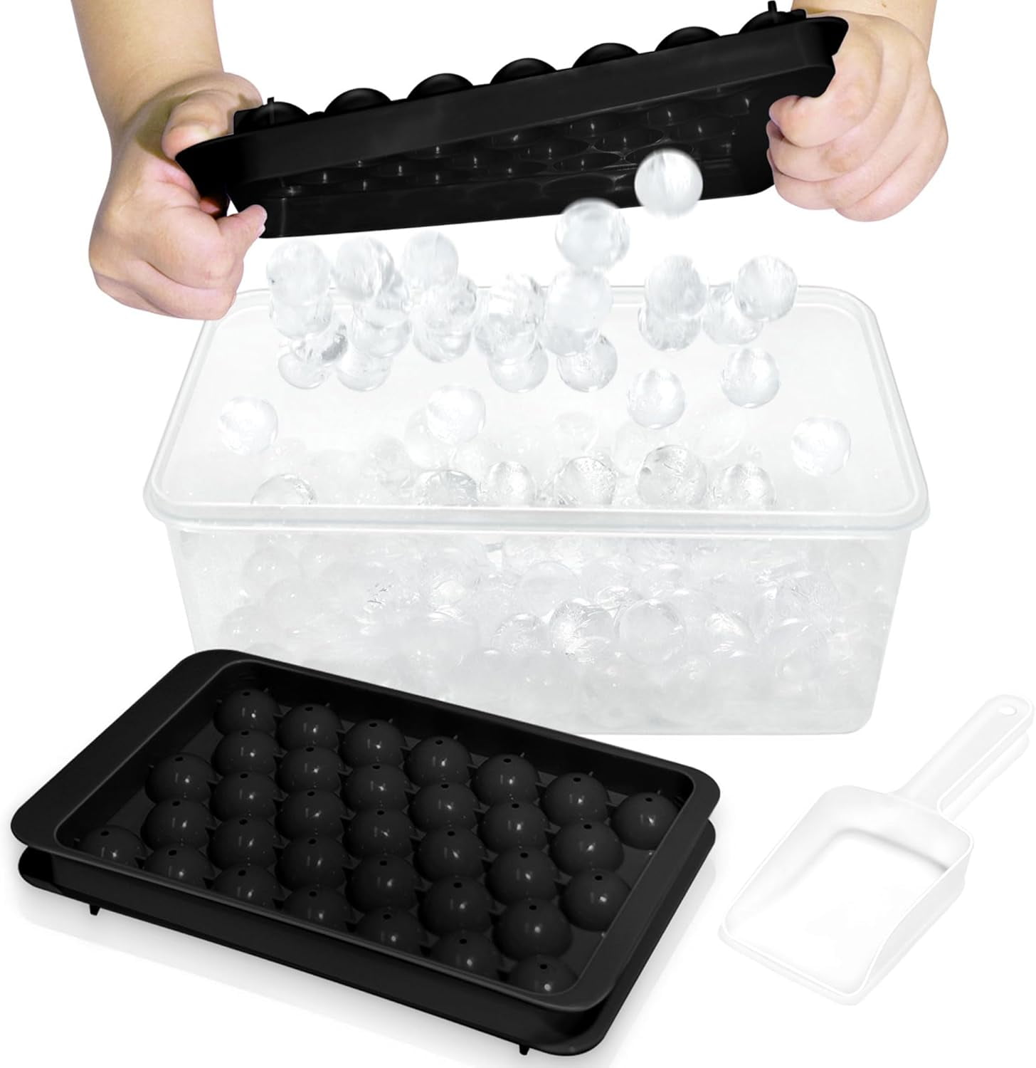 MetalM Ice Cube Tray with Lid and Bin - Round Ice Trays for Freezer ...