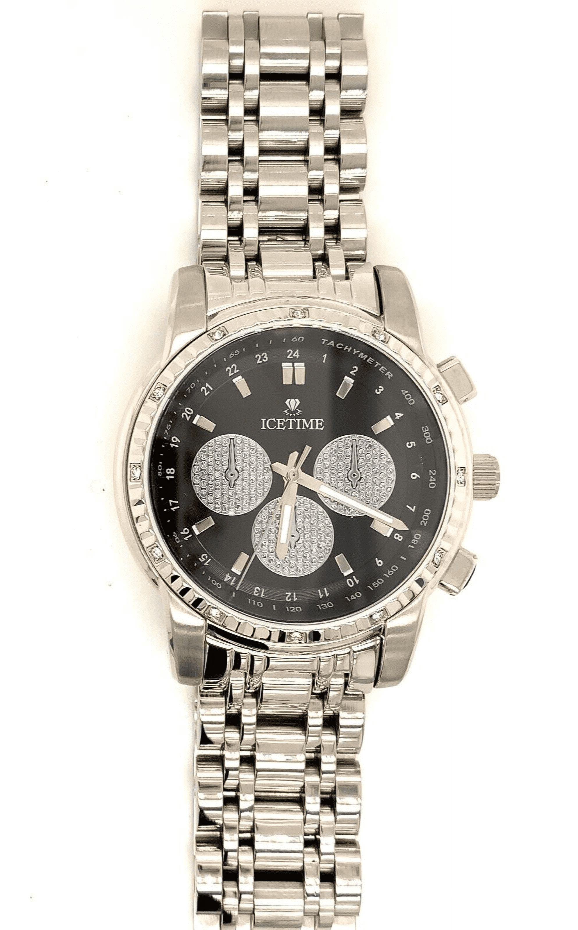 IceTime 40mm Men's White Gold Steel Watch Iced 0.10ct Diamonds Black ...