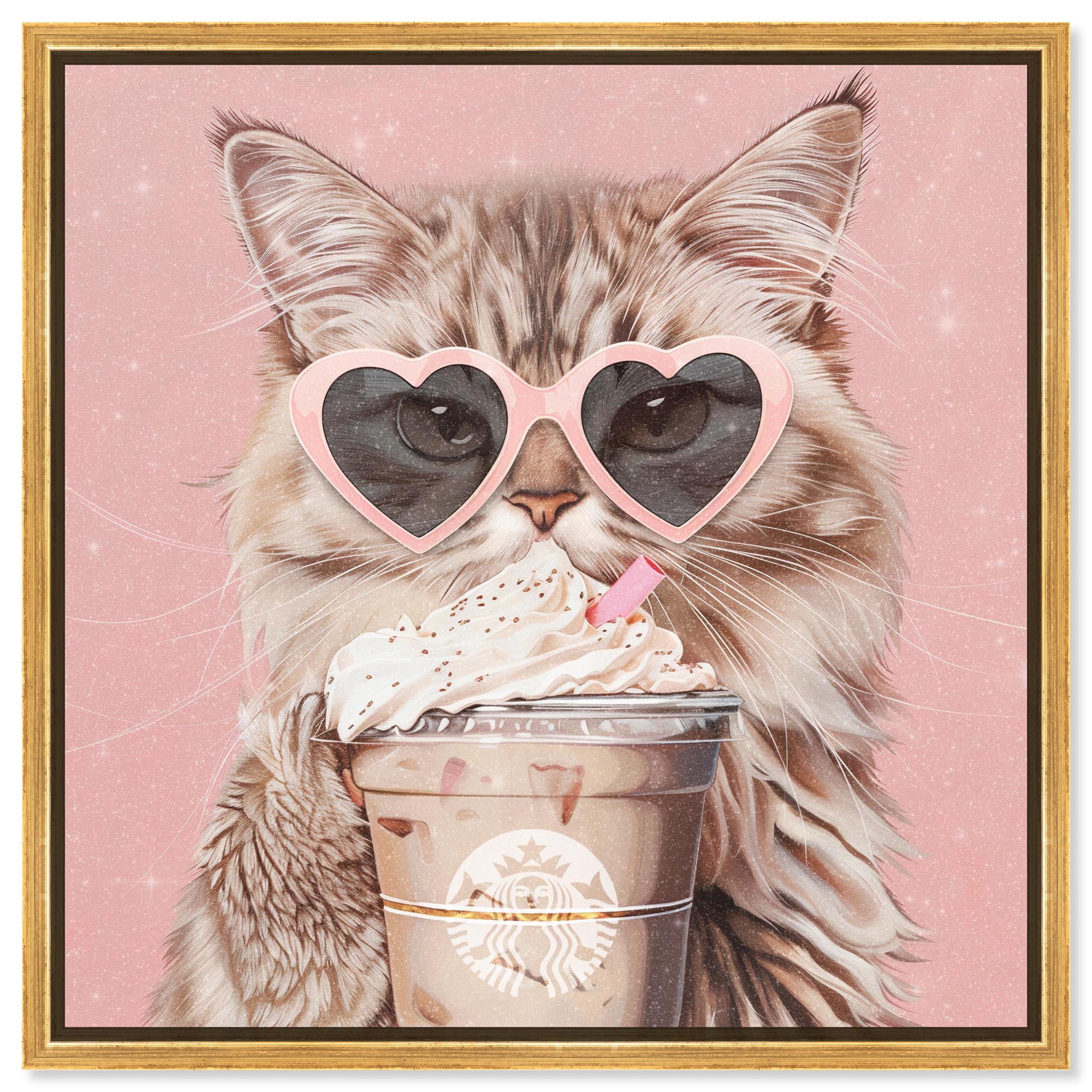Iced Coffee Cat Canvas Cute Cat Art Prints by Art Remedy, Gold Frame ...