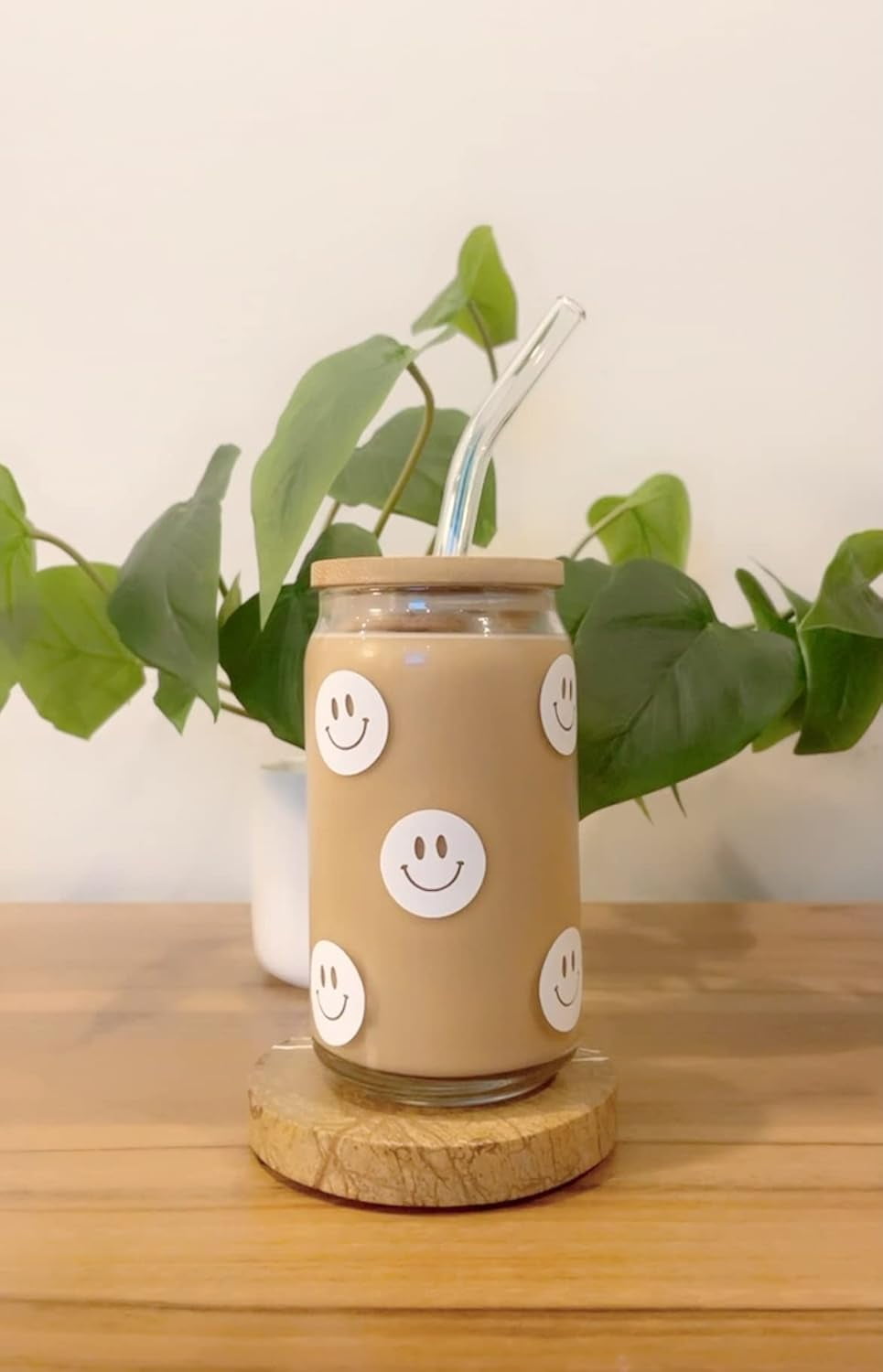 Iced Coffee Glass Cup with Bamboo Lid and Straw | 16oz Beer Can Glass ...