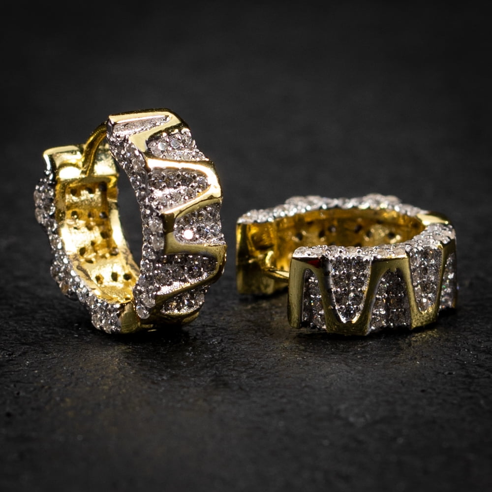 Iced Cz Two Tone Yellow Gold Plated Sterling Silver Men's Hoop Earrings ...