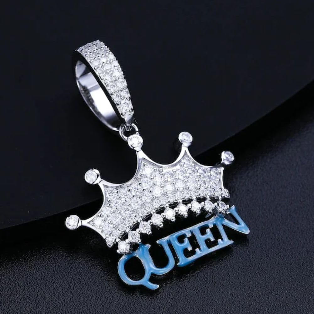 Iced Out Diamond Custom Women Hip Hop Queen Crown Letter Pendant 14K ...