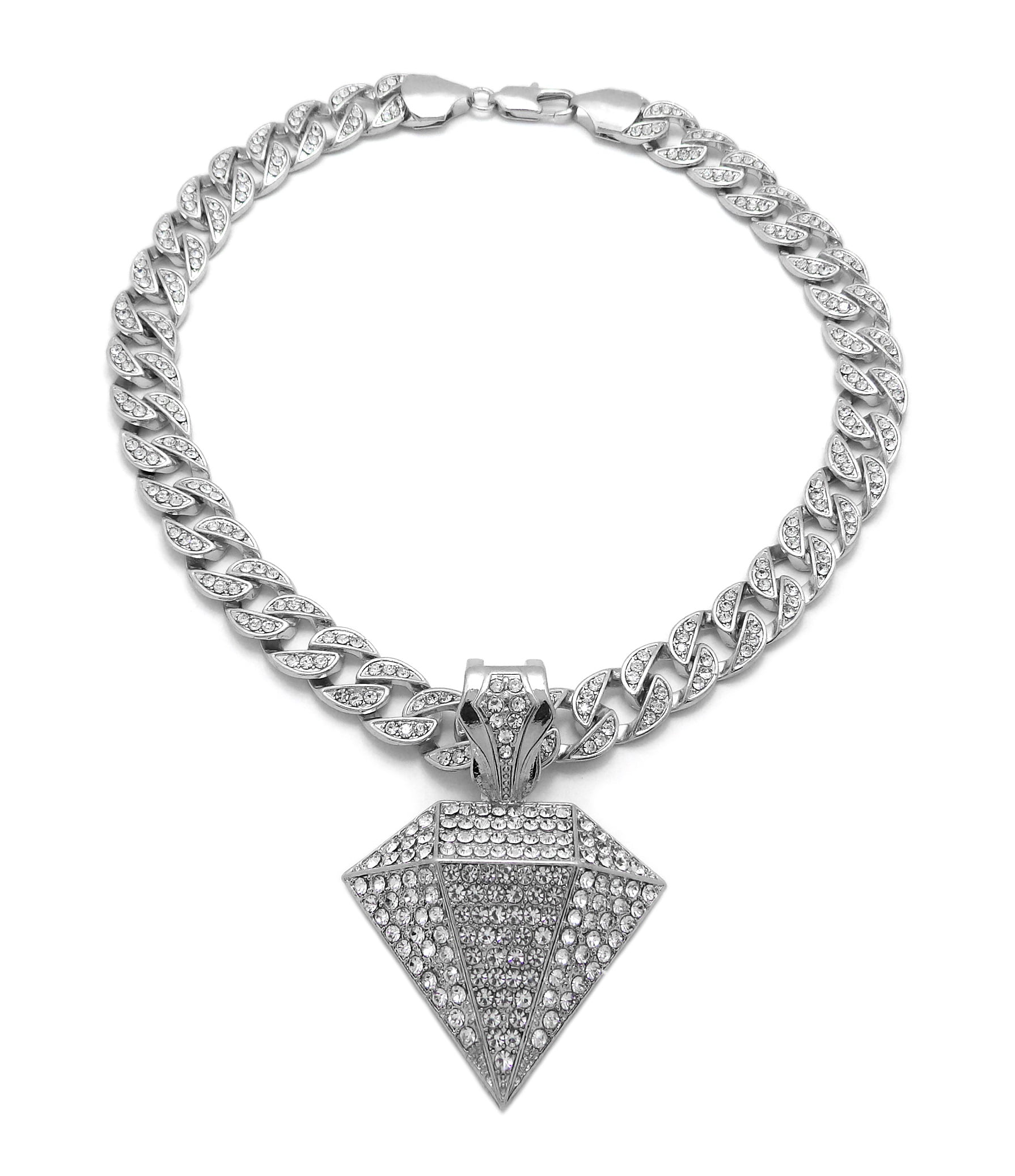 Iced Diamond Shape Pendant 12mm/18",20",24" Ice Bling Miami Cuban Chain Fashion Necklace (24 ...