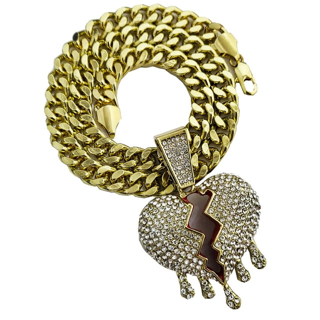 Iced Gold Plated Simulated Diamond Large Drip Broken Heart Charm ...