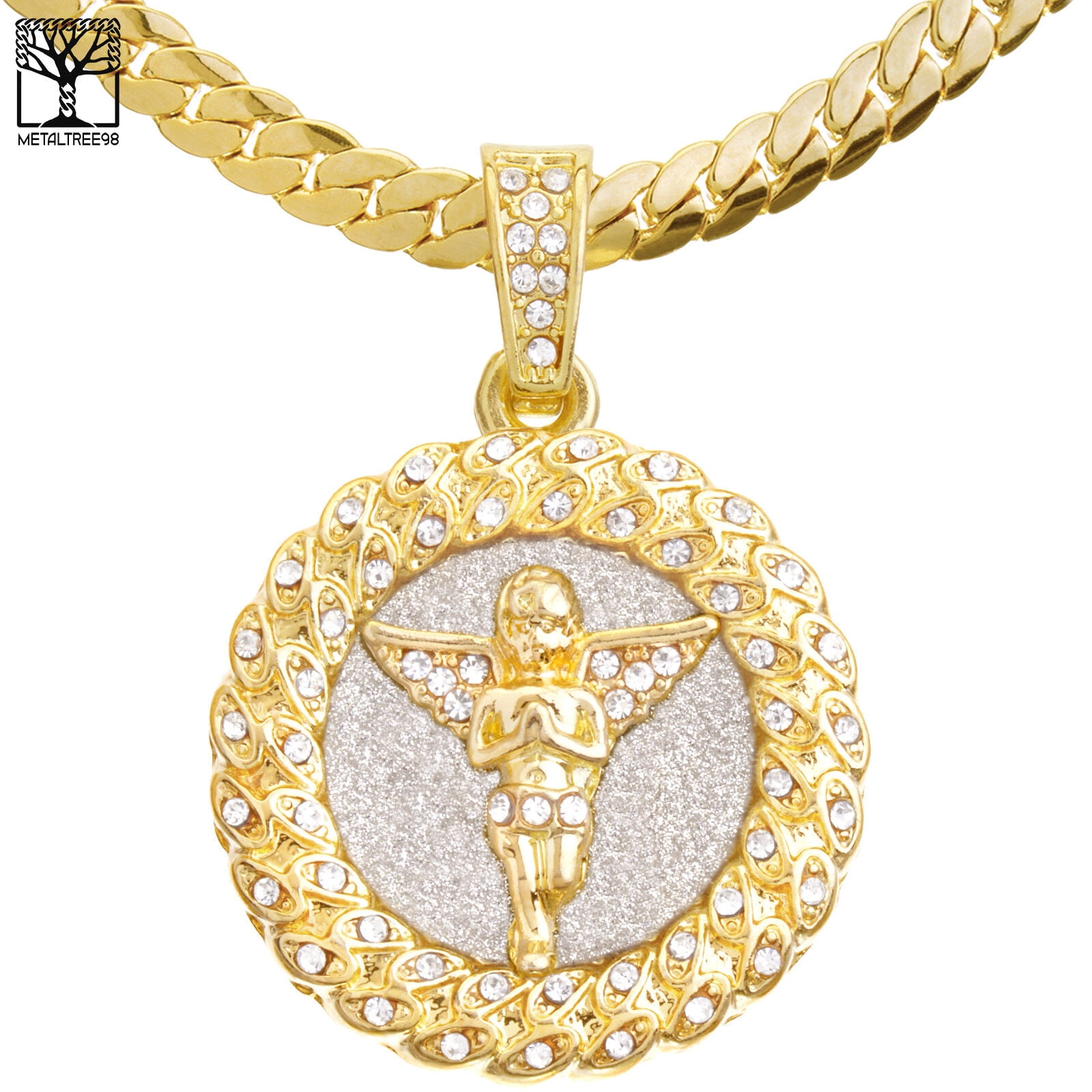Iced Hip Hop 14K Gold Plated CZ Angel Medallion Pendant 20" Miami Cuban ...