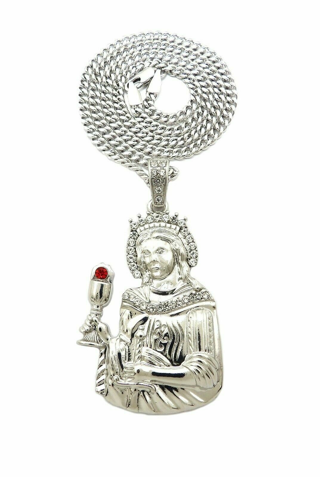 Iced Hip Hop Silver Plated SANTA BARBARA Pendant & 4mm 24" Cuban Brass ...