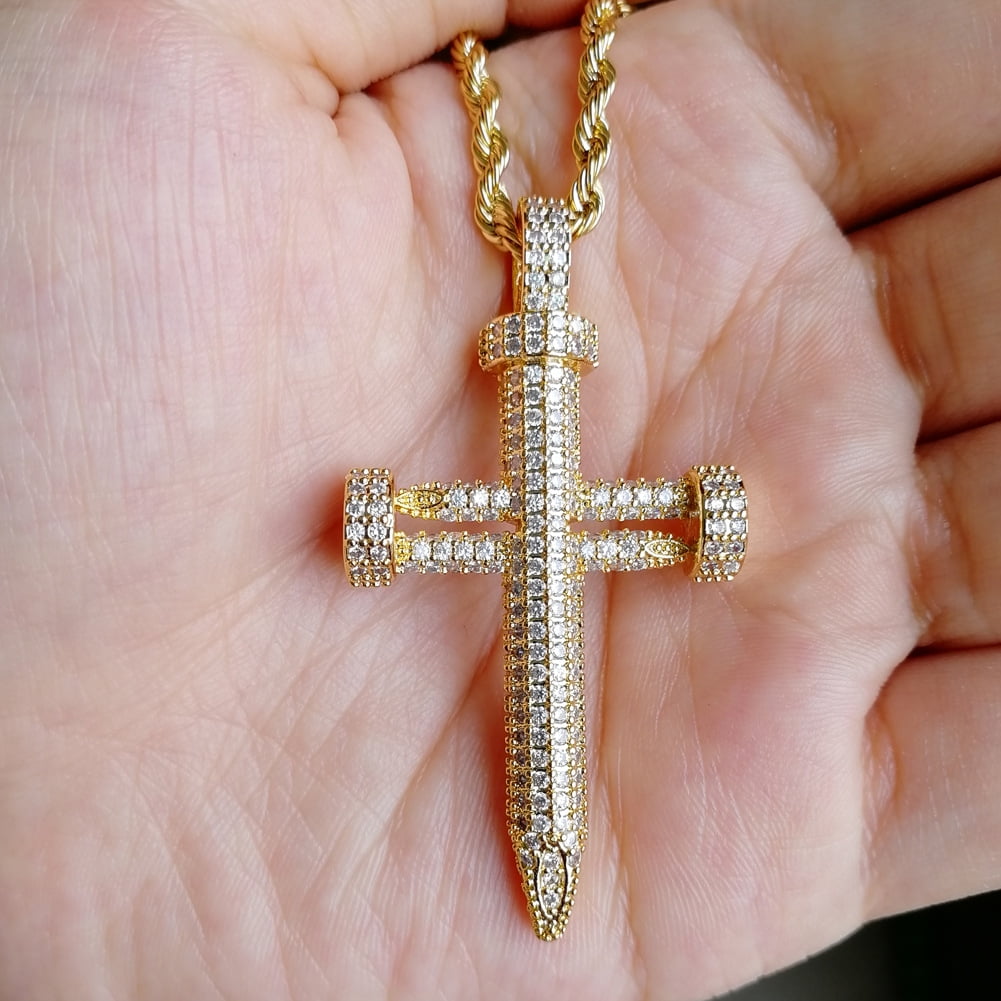 Iced Out Bling Nail Cross 14K Yellow Gold Pendant Necklace Mens/Women ...
