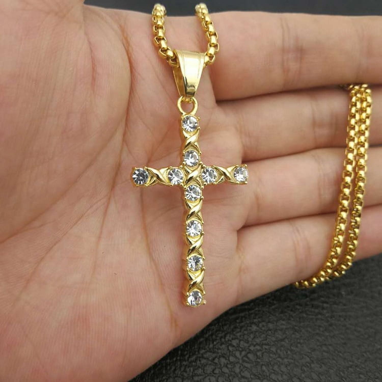 Iced Out Cross 14K Yellow Gold Pendant Necklace With 4mm Tennis Chain ...