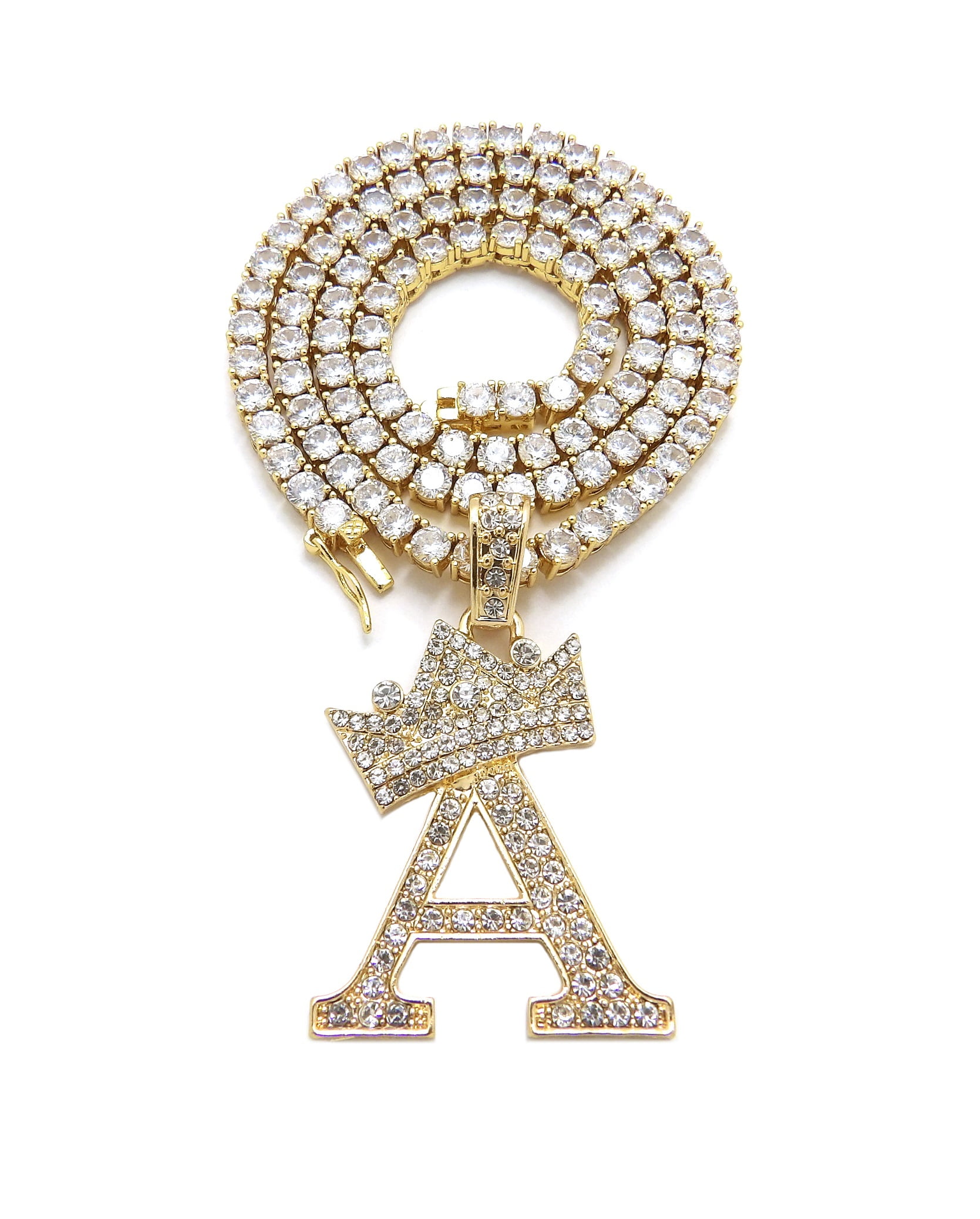 Iced Out Crown Initial Letter Pendant 4mm/18",20" Ice CZ Tennis Chain ...