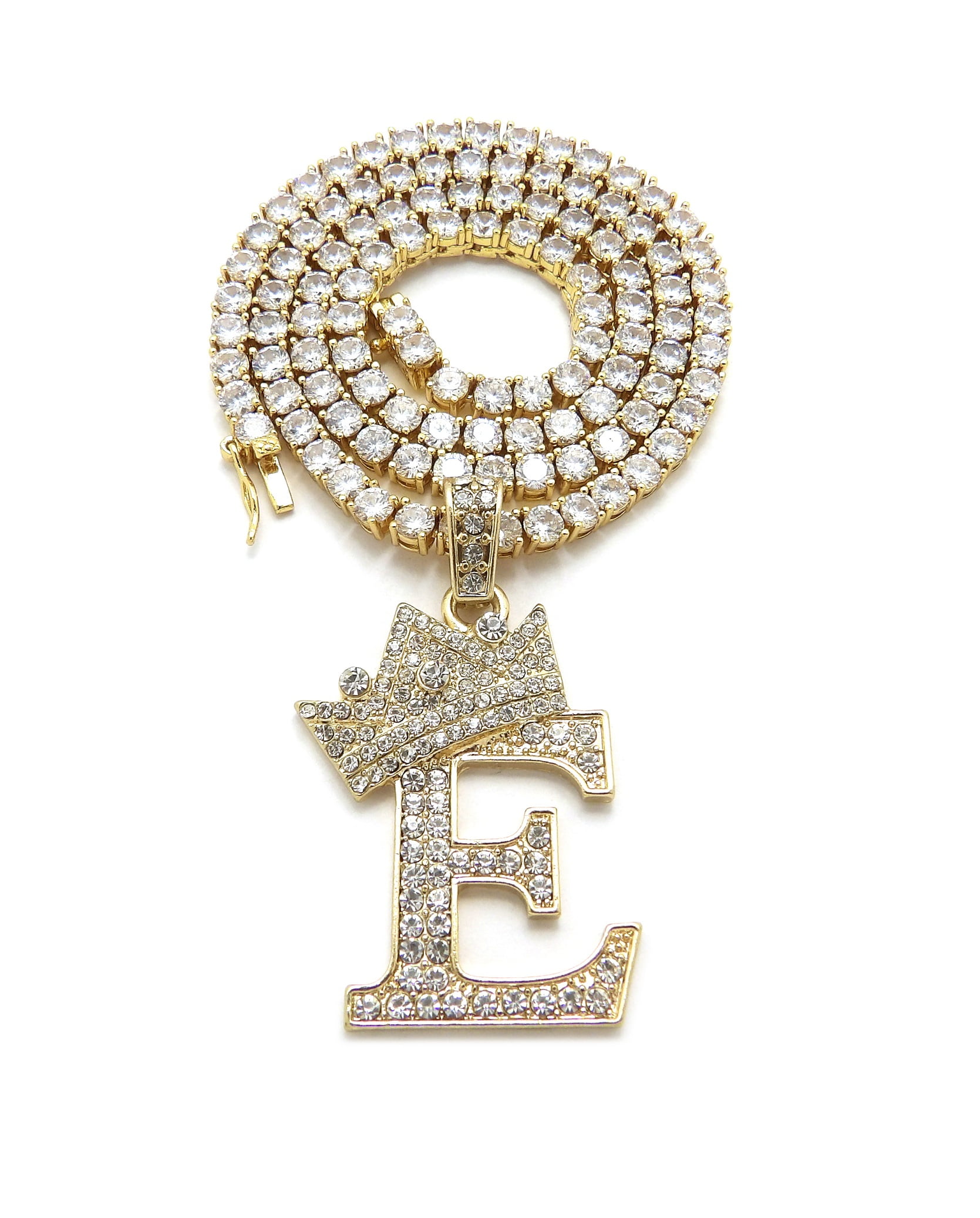 Iced Out Crown Initial Letter Pendant 4mm/18",20" Ice CZ Tennis Chain ...