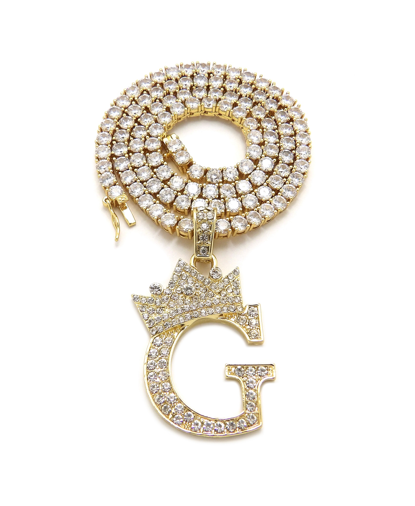 Iced Out Crown Initial Letter Pendant 4mm/18",20" Ice CZ Tennis Chain ...