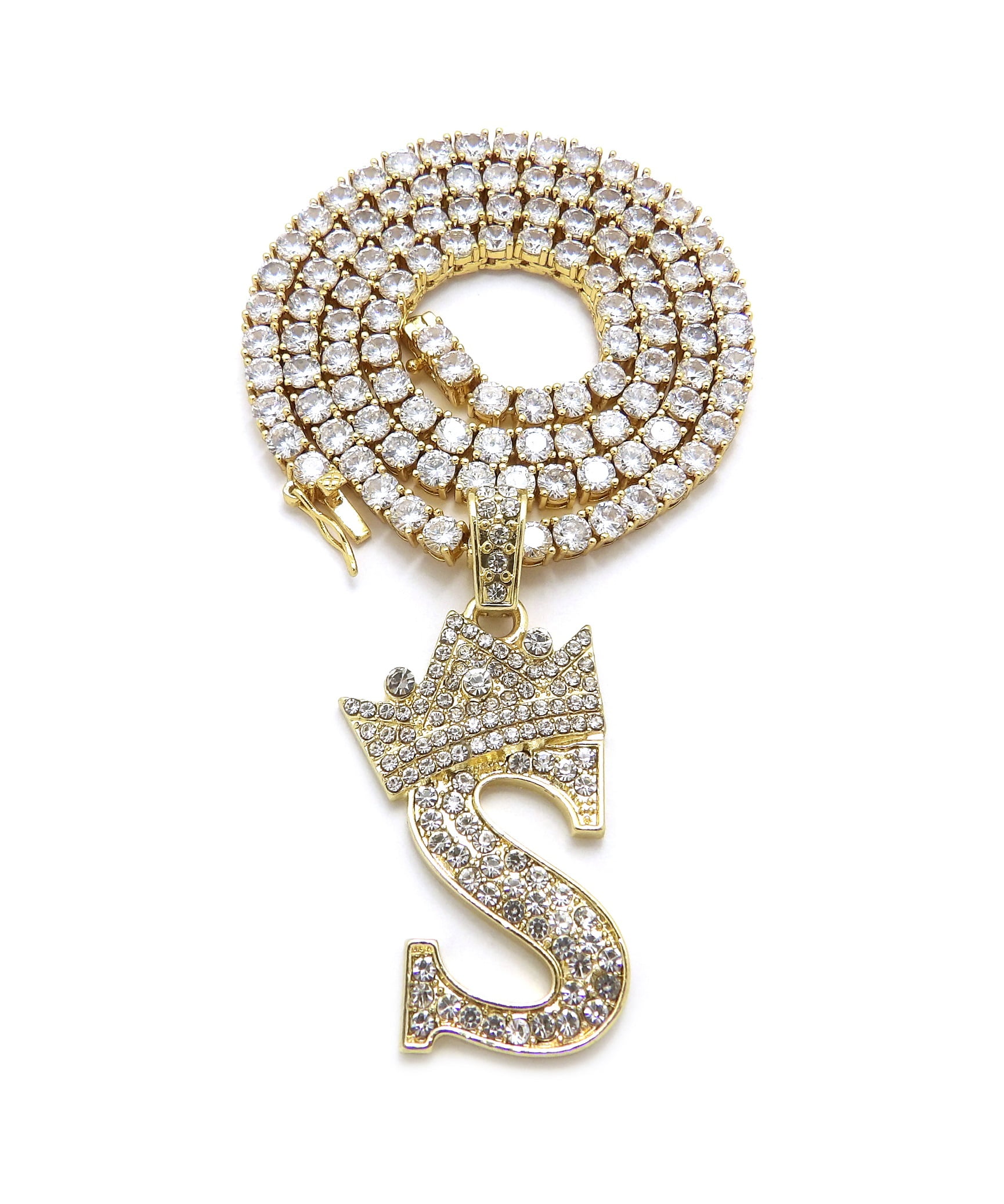 Iced Out Crown Initial Letter Pendant 4mm/18",20" Ice CZ Tennis Chain ...