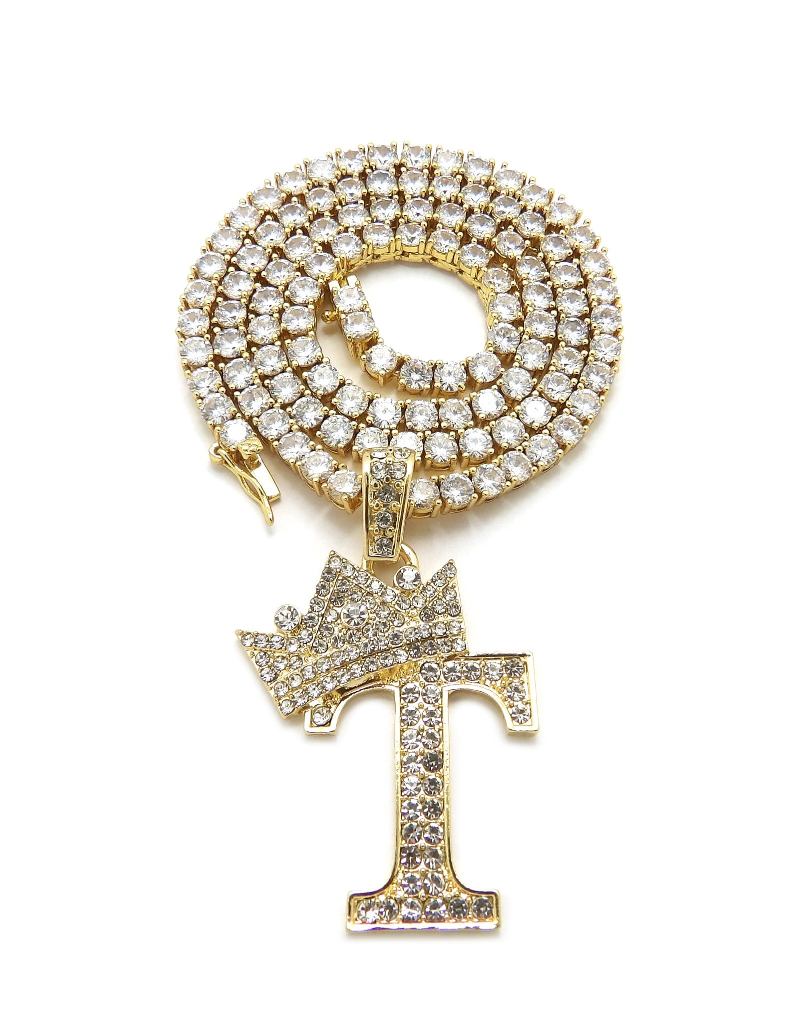 Iced Out Crown Initial Letter Pendant 4mm/18",20" Ice CZ Tennis Chain ...