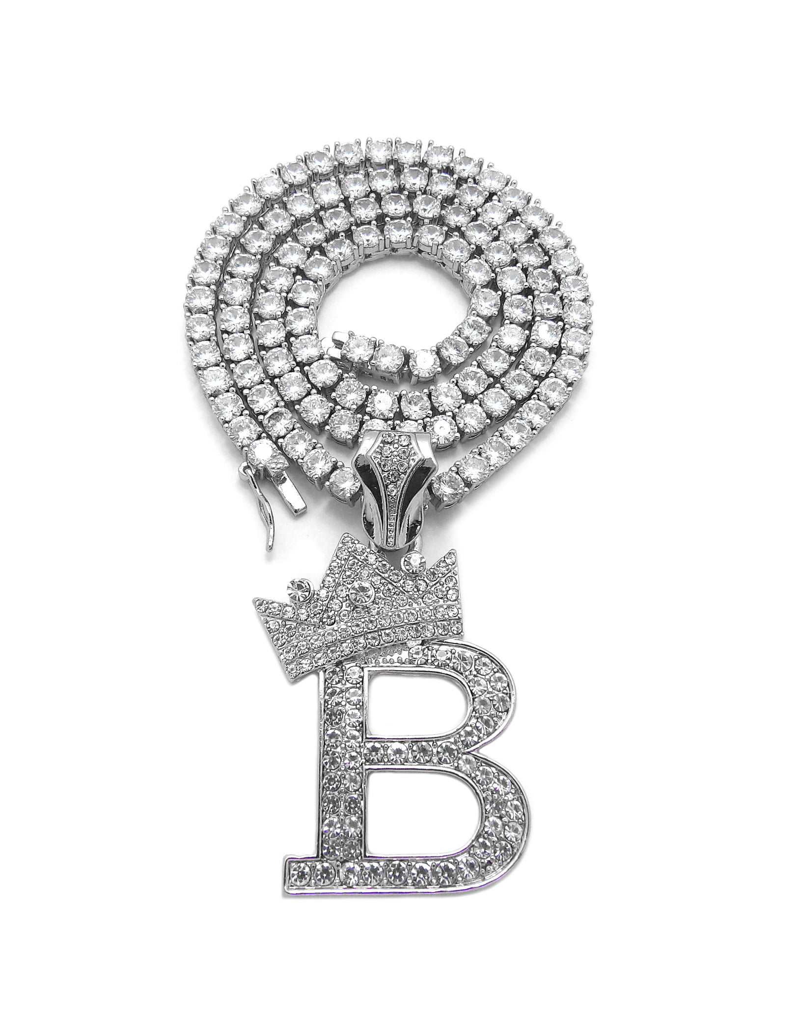 Iced Out Crown Initial Letter Pendant 4mm/18",20" Ice CZ Tennis Chain ...