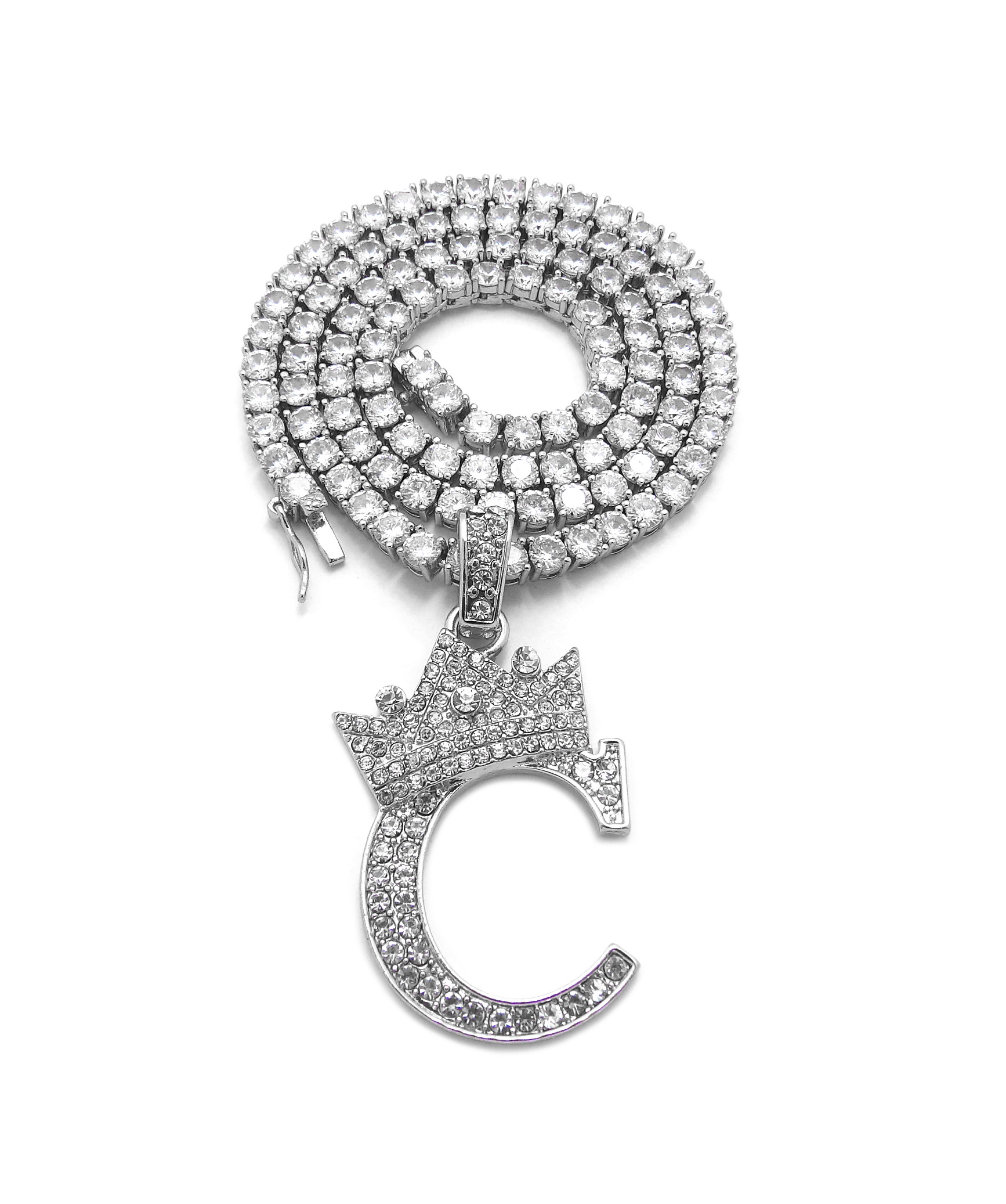Iced Out Crown Initial Letter Pendant 4mm/18",20" Ice CZ Tennis Chain ...