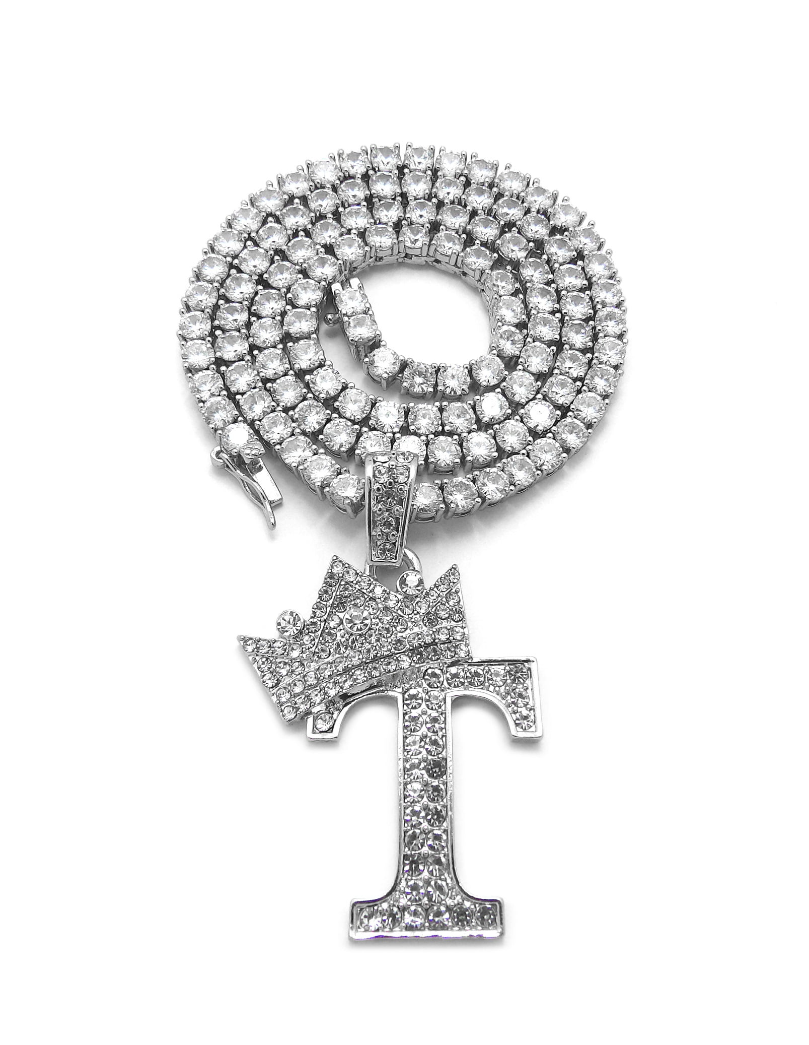Iced Out Crown Initial Letter Pendant 4mm/18",20" Ice CZ Tennis Chain ...