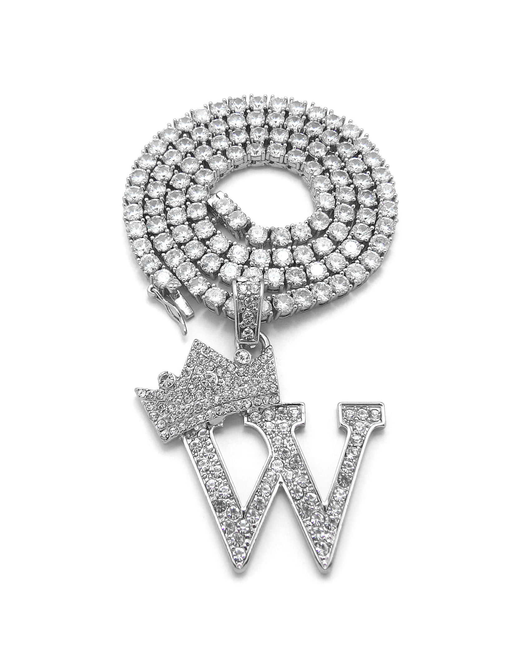 Iced Out Crown Initial Letter Pendant 4mm/18",20" Ice CZ Tennis Chain ...
