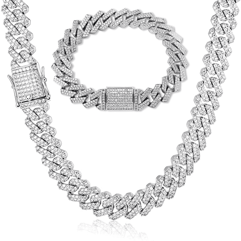 Iced Out Cuban Link Necklace & Bracelet Set (13mm, Silver) - Walmart.com