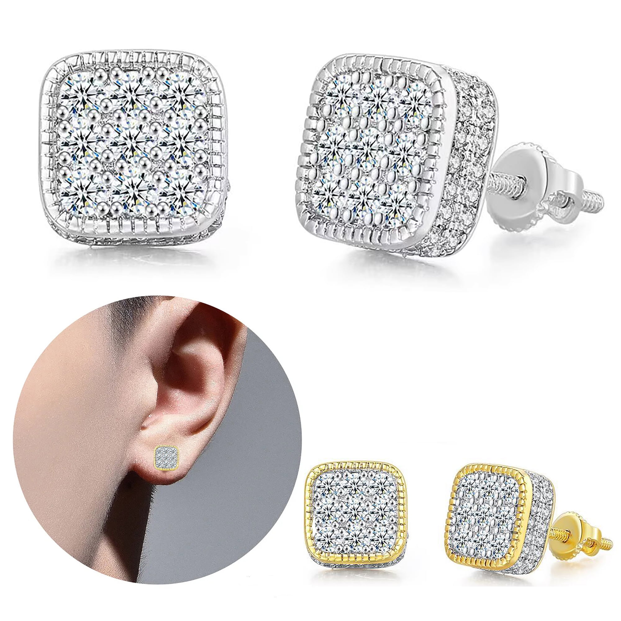 Iced Out Cubic Zirconia Screw Back 18k Gold Plated Squares Stud ...