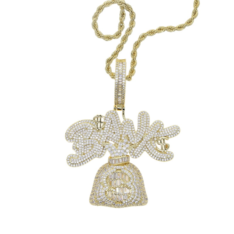 Iced Out Dollar Money Bag 14K Yellow Gold Pendant Full Paved Bling 5A ...