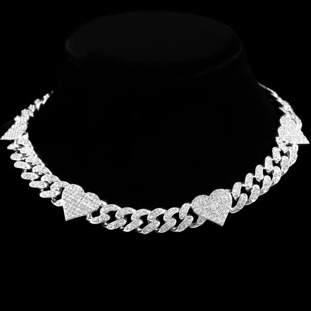 Iced Out Hip Hop Heart Cuban Link Chain For Women Micro Rhinestone ...