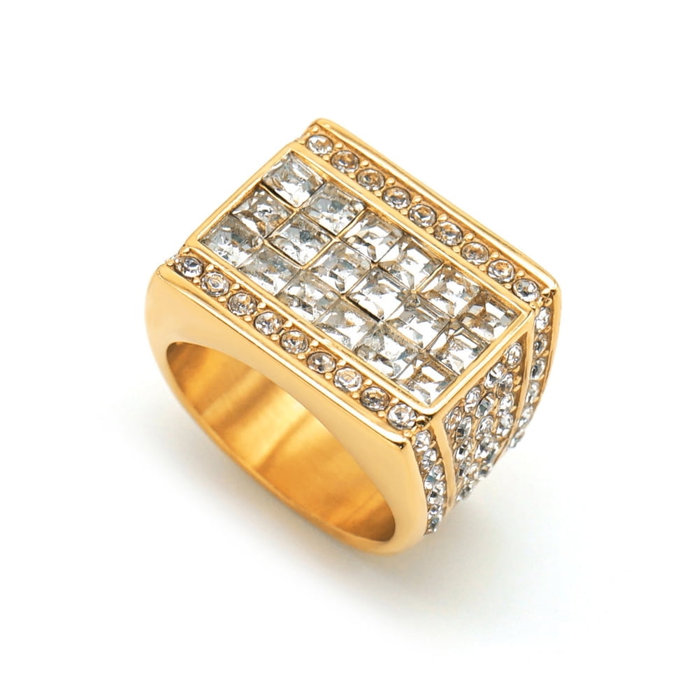 Iced Out Men's Ring 14K Yellow Gold Cubic Zirconia Bling Big Square ...