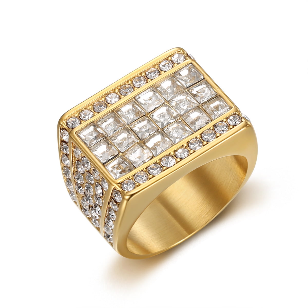 Iced Out Men's Ring 14K Yellow Gold Cubic Zirconia Bling Big Square ...