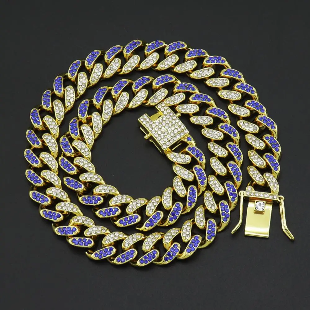 Iced Out Micro Paved Pink Blue Crystal Rhinestones Cuban Link Chain ...