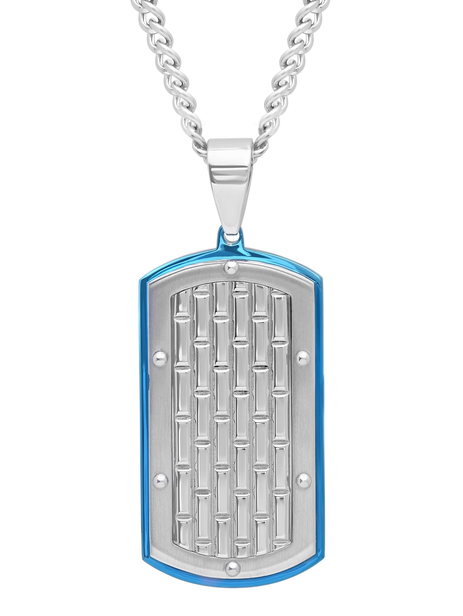 Iced Out Stainless Steel Two Tone Blue Dog Tag Pendant Necklace Chain ...
