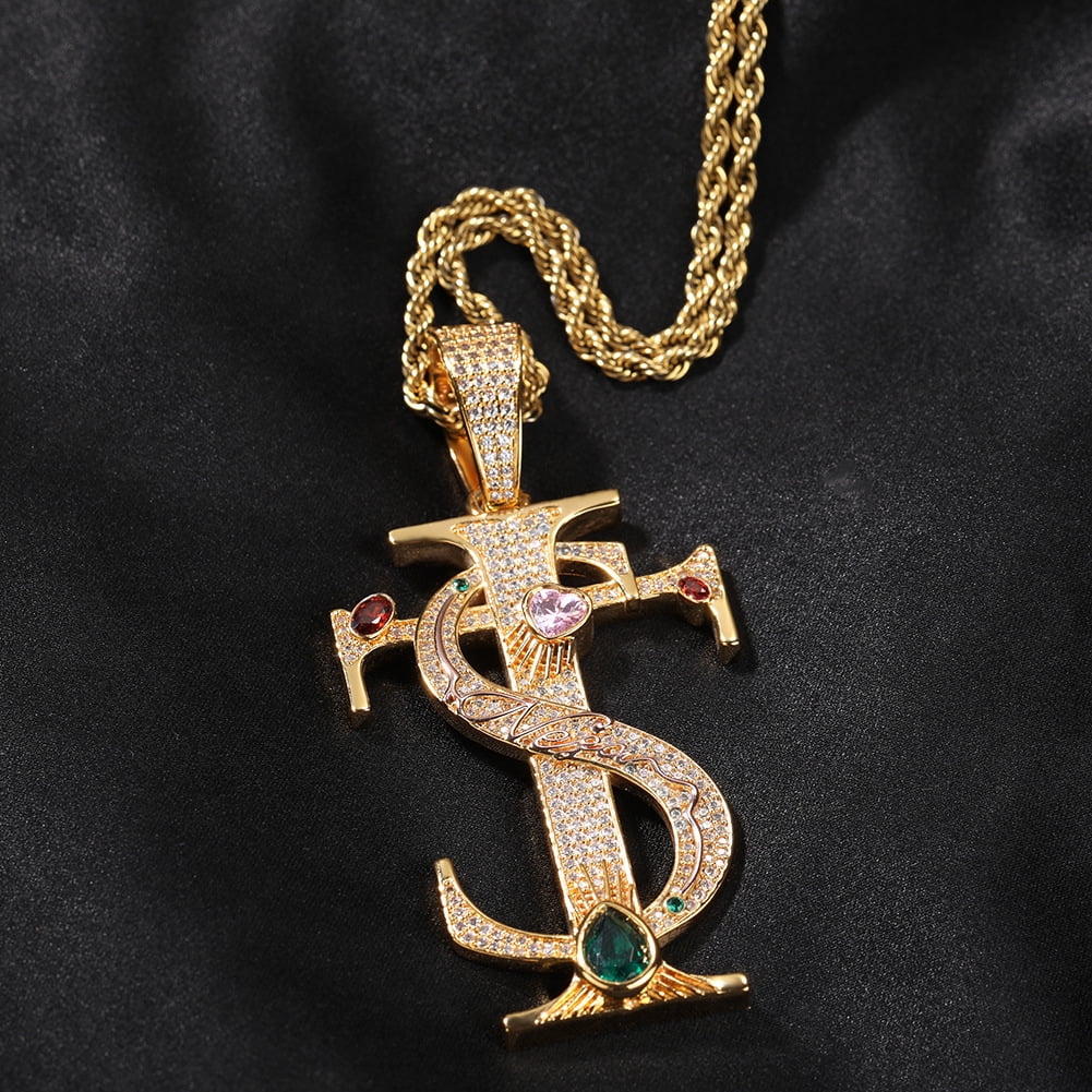 Iced Out TS Letters 14K Yellow Gold Pendant Necklace for Men Colorful ...