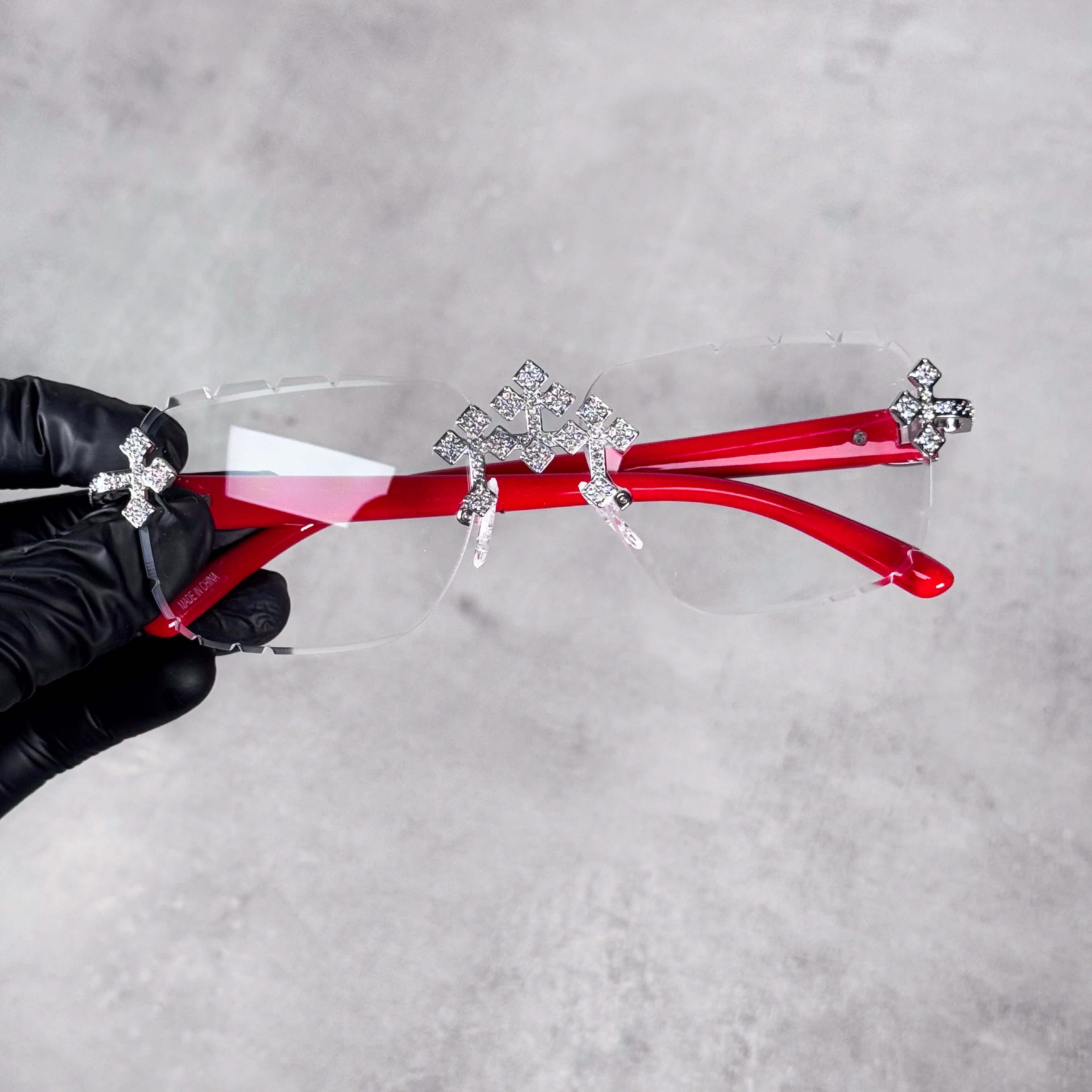 Iced-Out Triple Cross Sunglasses – Diamond-Cut Frameless Shades for Men ...