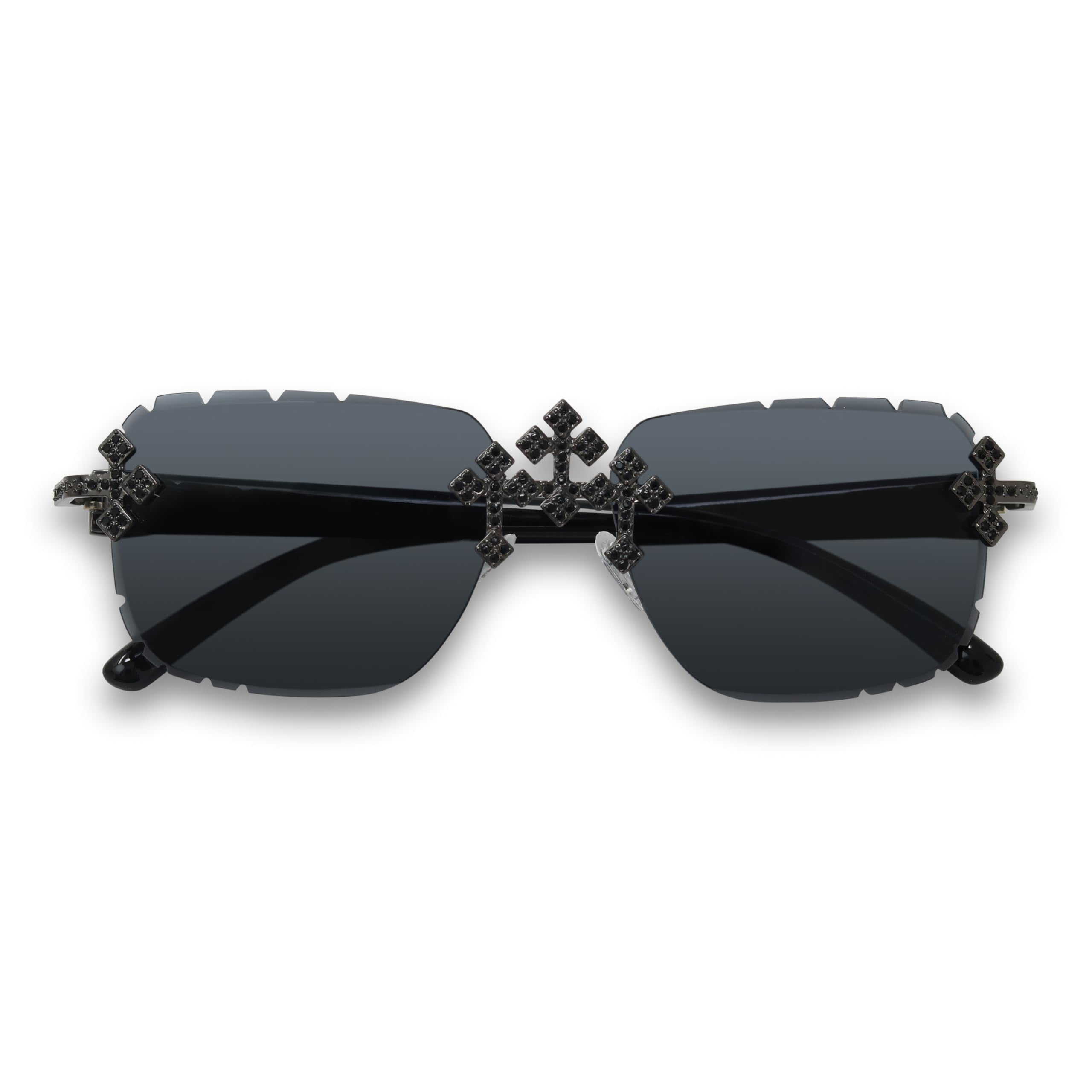 Iced-Out Triple Cross Sunglasses – Diamond-Cut Frameless Shades for Men ...