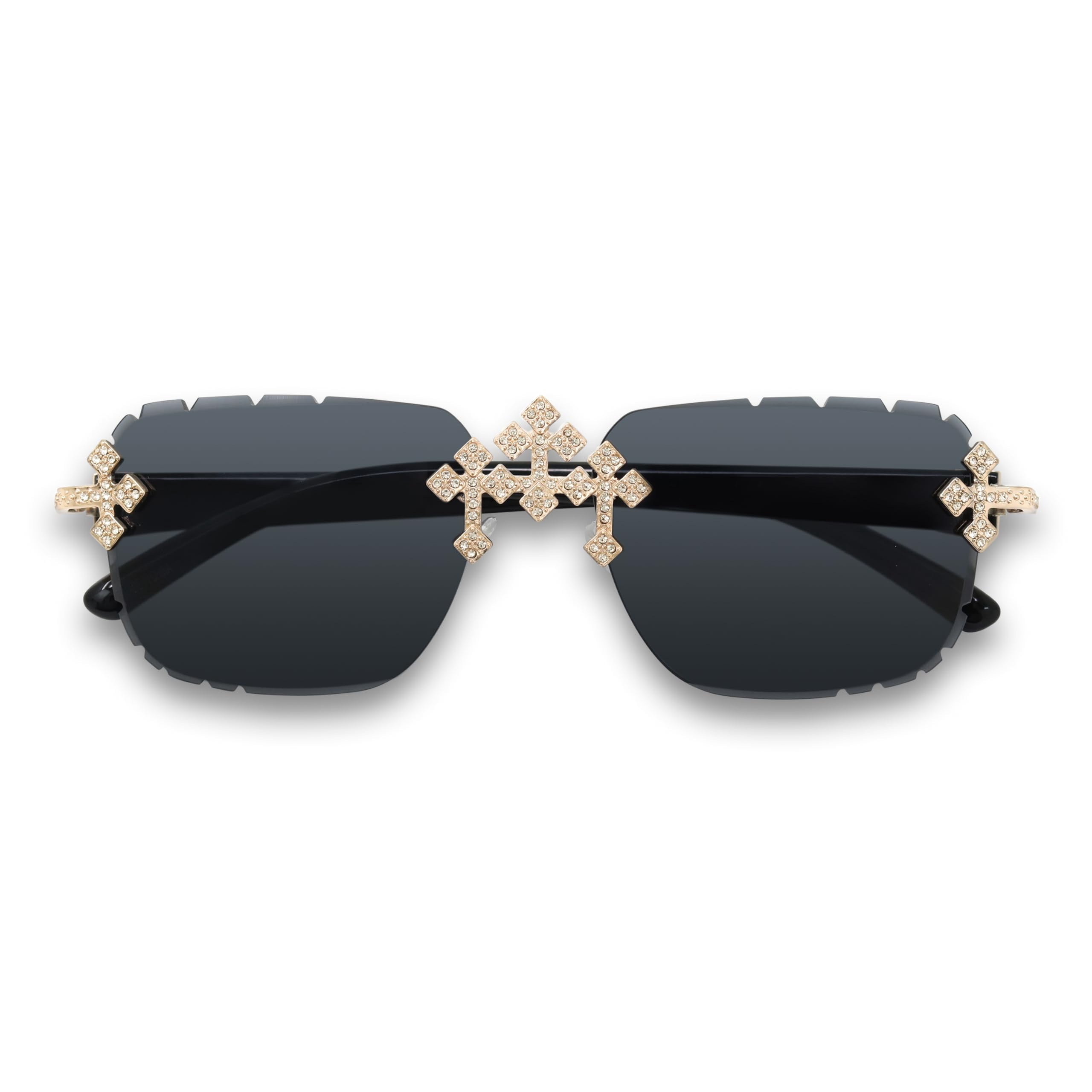 Iced-Out Triple Cross Sunglasses – Diamond-Cut Frameless Shades for Men ...
