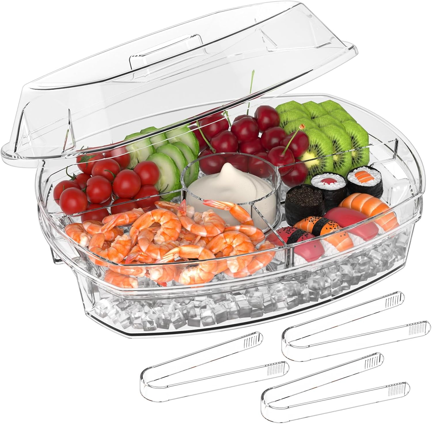 AP Ice Chilled Party Platter - 15'' Divided Serving Tray with Lid and 4 ...