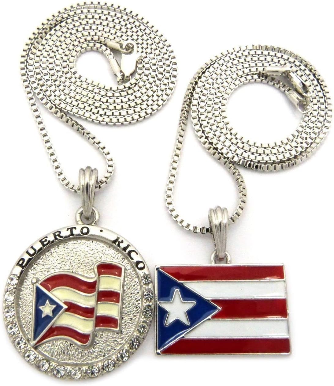 Iced Silver Plated Cubic Zirconia PUERTO RICO FLAG Medal Pendant & 2mm ...